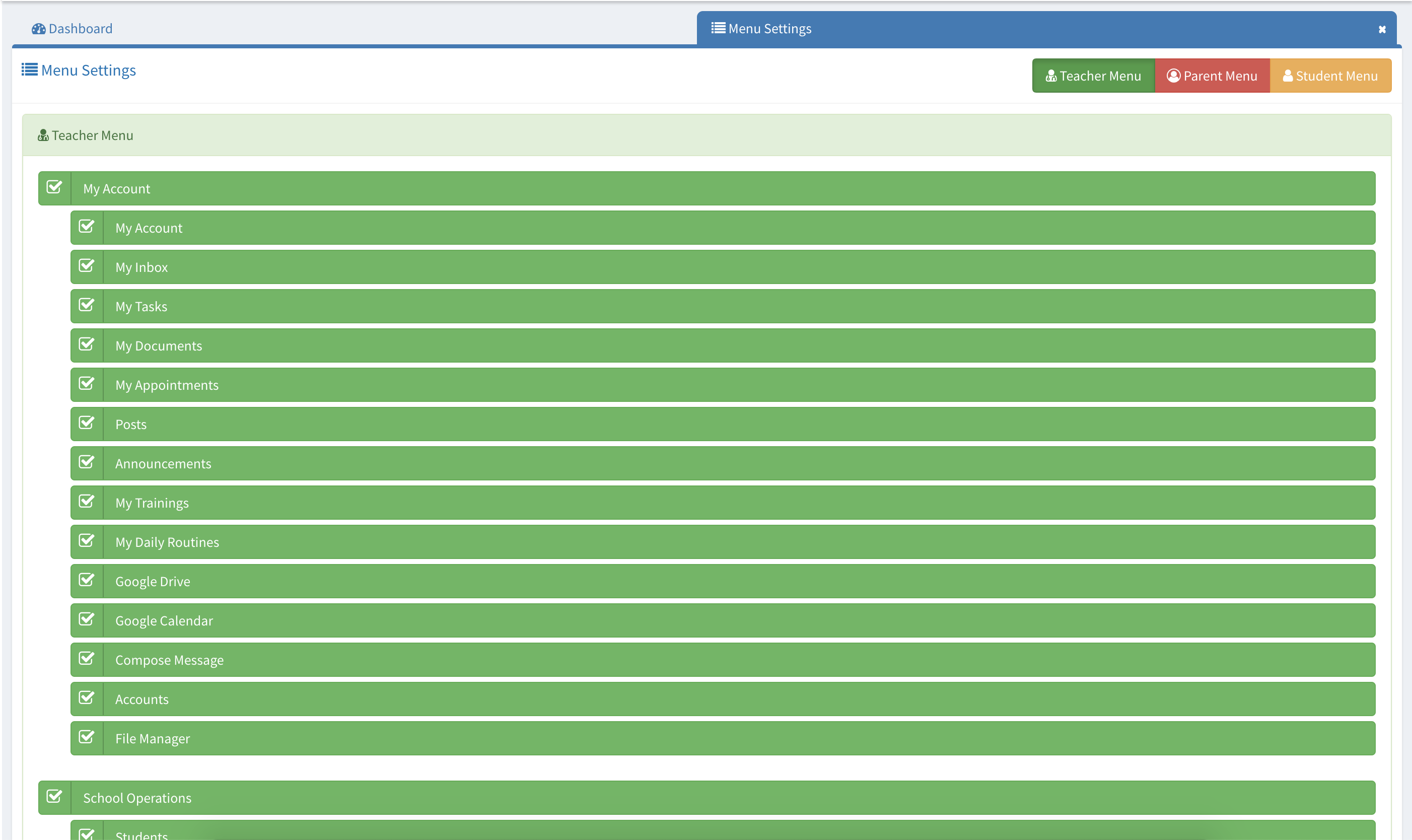 SmartClass Menu Settings